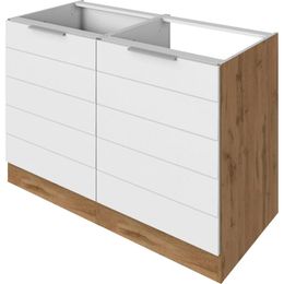 KOCHSTATION Sp&uuml;lenschrank &raquo;KS-Luhe&laquo; 120 cm breit, hochwertige MDF-Fronten mit waagerechter Lisene wei&szlig; MDF wotaneiche, B/H/T: 120cm x 82cm x 60cm, 