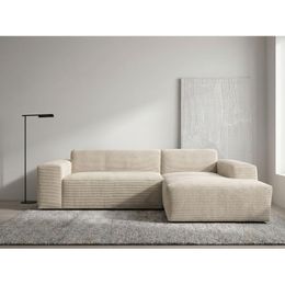 WERK2 Ecksofa &raquo;Zeus-L 253 cm breit, bequemes Cord-Sofa in L-Form, urbanes Design&laquo; Organische curvy-trend Couch mit gro&szlig;er Komfort-Ottomane beige 90% 