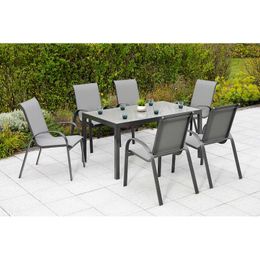 Merxx Garten-Essgruppe &raquo;Amalfi&laquo; Set, 7 Stk. tlg. 6 Sessel, stapelbar, Tisch 90x150 cm grau Aluminium, Polyester, Sicherheitsglas Polyester