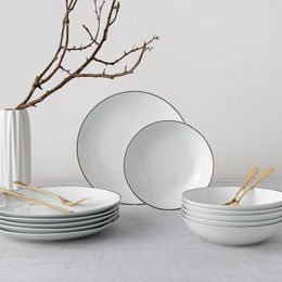OTTO home Tafelservice &raquo;Teller Set, Mellinn&laquo; Geschirr, trendige Coupeform, handgemalte, schwarzes Liniendekor schwarz-wei&szlig; Porzellan 12 Stk.