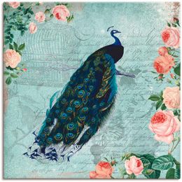 Artland Leinwandbild &raquo;Vintage Rosen und Pfau Illustration&laquo; V&ouml;gel 1 Stk. tlg. auf Holzrahmen gespannt blau Leinwand B/H/T: 40cm x 40cm, Leinwandbild V&ouml;gel 
