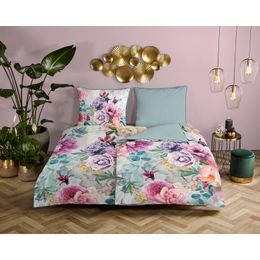 Descanso Wendebettw&auml;sche &raquo;Anamin&laquo; 2 Stk. Baumwolle, Satin, 135x200, Biese, Rei&szlig;verschluss, Wende, Blumen blau Satin (Bio-Baumwolle), Obermaterial: 100% 