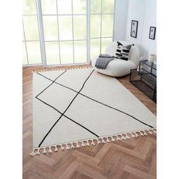 MyFlair Hochflor-Teppich &raquo;Moroccan Signature&laquo; rechteckig 24 mm H&ouml;he modern, marokkanisches Design, Rauten Muster, weich, mit Fransen schwarz-wei&szlig; Polyester, 