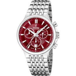 Festina Herren Chronograph &raquo;Chrono&laquo; Quarzuhr, Armbanduhr, Herrenuhr, Swiss Made, Edelstahlarmband, analog rot Einheitsgr&ouml;&szlig;e