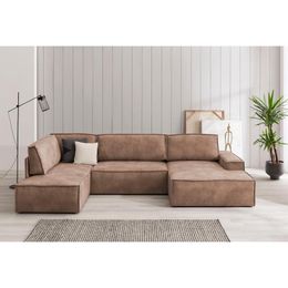 OTTO home Wohnlandschaft &raquo;SHERWOOD Vintage Lederoptik U-Form, 329 cm&laquo; Schlaffunktion m. Bettkasten (194x139 cm), Cord, Vintage, Samtvelours braun 100%