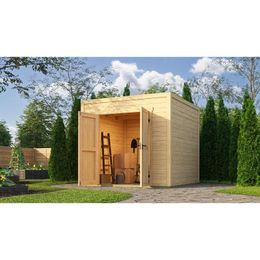 Weka Gartenhaus &raquo;Batu 1,5, Flachfach, Vollholzt&uuml;r&laquo; 28 mm starke Blockbohlen, in verschiedenen Farben beige Massivholz ohne Fu&szlig;boden, ohne 