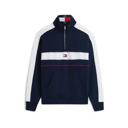 Tommy Jeans Sweatshirt 'Colour-blocked Quarter-zip Relaxed' male size XL Dark blue / Red / White