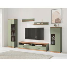 OTTO home Wohnwand &raquo;Ribe: 5‐teilig, Oberplatte aus Massivholz, viel Stauraum, Trendfarbe&laquo; 5 Stk. tlg. gr&uuml;n Holzwerkstoff, Massivholz Einheitsgr&ouml;&szlig;e