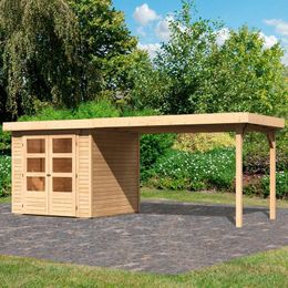 Karibu Gartenhaus &raquo;Arnis&laquo; mit Anbaudach 2,80 m Breite beige Holzwerkstoff ohne Fu&szlig;boden, ohne R&uuml;ck- und Seitenwand, ohne Dacheindeckung