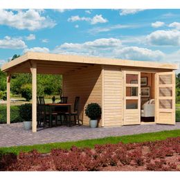 Karibu Gartenhaus &raquo;Arnis&laquo; mit Anbaudach 2,40 m Breite beige Holzwerkstoff ohne Fu&szlig;boden, ohne Dacheindeckung