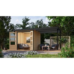 Karibu Gartenhaus &raquo;Jupiterino 2 SET, in verschiedenen Farben&laquo; inkl. Anbaudach, Made in Germany braun Massivholz ohne Fu&szlig;boden, Blechdach