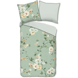 Descanso Wendebettw&auml;sche &raquo;Sizena&laquo; 2 Stk. Satin, Rei&szlig;verschluss, Paspel, Biese, Wendeoptik, Luxe, Blumen, gr&uuml;n gr&uuml;n Renforc&eacute;, Obermaterial: 100% Baumwolle B/L: 