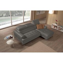 Egoitaliano Ecksofa &raquo;Soul, Design und Sitzkomfort auf hohem Niveau, tolle Details, L-Form&laquo; mit Recamiere, inkl. Kopfteilverstellung grau Leder &raquo;BULL&laquo; (echtes 