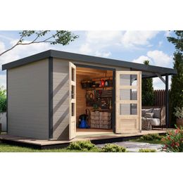 Karibu Gartenhaus &raquo;Jupiterino 4 SET, in verschiedenen Farben&laquo; inkl. Anbaudach beige Massivholz ohne Fu&szlig;boden, Blechdach