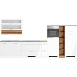 KOCHSTATION K&uuml;chenzeile &raquo;KS-Milan, optional mit Muldenl&uuml;fter&laquo; Breite 390 cm, wahlweise mit E-Ger&auml;ten, Kochfeld mit Dunstabzug wei&szlig; B/H/T: 390cm x 