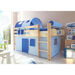 Ticaa Hochbett &raquo;Malte&laquo; mit Rollrost und in verschiedenen Ausf&uuml;hrungen wahlweise mit Matratze blau Mit Vorhang, Tunnel und Tasche, Liegefl&auml;che B/L: 90cm x 