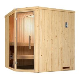 Weka Sauna &raquo;Element-Ecksauna VARBERG 2&laquo; vorgefertigte Elemente, Fensterelement, moderne Ganzglast&uuml;r beige Saunaofen, integrierte Steuerung, 5,4 kW