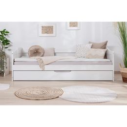 Ticaa Funktionsbett &raquo;Melinda, Daybett, Jugendbett, 2 Schlafpl&auml;tze, Schublade auf Rollen&laquo; 90x200cm, FSC -zertifizierte Kiefer, 2 Rollroste, Massivholz wei&szlig; 