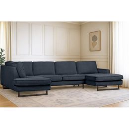 OTTO home Wohnlandschaft &raquo;Pinto, 350 cm, U-Form, XXL, mit Ottomanen&laquo; Cord, Chenille, Lederoptik, mit Keder, Metallf&uuml;&szlig;e, Wellenunterfederung blau Luxus