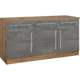 KOCHSTATION Unterschrank &raquo;KS-Samos&laquo; Breite 150 cm grau Holzwerkstoff wotaneiche, B/H/T: 150cm x 85cm x 60cm, Schubladen: 3 Stk. T&uuml;ren: 3 Stk.