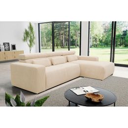 DOMO collection Ecksofa &raquo;BRANDON 289x177x80 cm, whlw. mit Sitztiefenverstellung, L-Form&laquo; mit Sitztiefenverstellung, Cord, creme beige Luxus-Microfaser