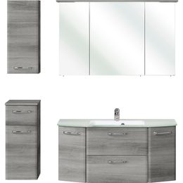 Badm&ouml;bel-Set &raquo;Quickset 4-teilig, Glaswaschtisch und LED-Spiegelschrank&laquo; 5 Stk. tlg. grau Holzwerkstoff B/H/T: 145cmcm x 200cmcm x 48cmcm