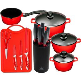 King Topf-Set &raquo;Aluguss Red&laquo; Set, 4T&ouml;pfe,3 Deckel,1 Messerblock,5 Kochmesser,Messer-Set + Schneidebrett, 15 Stk. tlg. Aluminiumguss rot Einheitsgr&ouml;&szlig;e