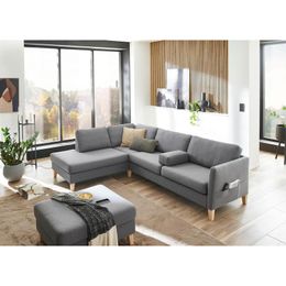 ATLANTIC HOME COLLECTION Ecksofa &raquo;Mailo L-Form&laquo; mit Seitentaschen und Ottomane, mit Massivholzf&uuml;&szlig;en grau B/H/T: 255cm x 82cm, Feinstruktur, Ottomane 