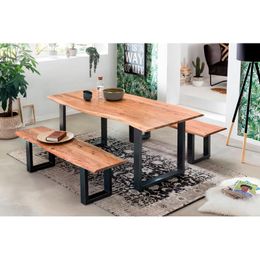Sit Essgruppe Set, 1 Tisch und 2 B&auml;nke, 3 Stk. tlg. Mit nat&uuml;rlicher Baumkante schwarz Massivholz, Metall B/H/T: 180cm x 77cm x 90cm, 1 Tisch und 2 
