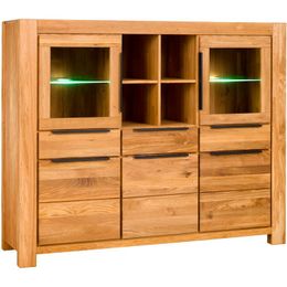 Home Affaire Highboard mit stylischen Schwarzen Akzenten, 3 Schubladen, 14 F&auml;cher. Holz teilmassiv B/H/T: 172cm x 140cm x 45cm, Eiche