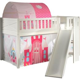 Vipack Hochbett &raquo;Scott&laquo; Made in Europe, m. Rutsch-/Leiterturm, LF 90x200 cm, Vorhang, Tunnel, 4 Designs wei&szlig; 100% Baumwolle Bettmit Rutsche und Leiter, 