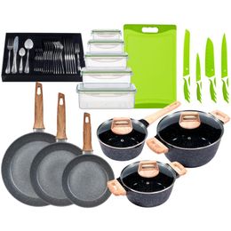 King Topf-Set &raquo;&raquo;ESSENTIAL&laquo; Aluminium, Induktion, Antihaftbeschichtung&laquo; Set, 2 T&ouml;pfe, 1 Stieltopf, 3 Glasdeckel, 1 Besteck-Set + Etui, 55 Stk. tlg. 