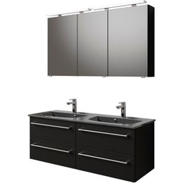 Badm&ouml;bel-Set &raquo;Serie 6025 2-teilig Mineralmarmor-Waschtisch mit LED-Spiegelschrank&laquo; 2 Stk. tlg. schwarz Holzwerkstoff B/H/T: 132cmcm x 200cmcm x 48cmcm