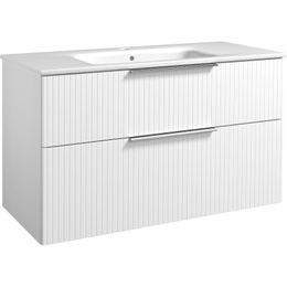 Welltime Waschtisch &raquo;G-Line&laquo; mit Keramik Waschbecken, Schubladen mit Softclose, trendig geriffelt wei&szlig; Hartfaserplatte, Holzwerkstoff, Keramik, MDF, 