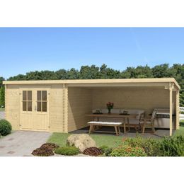 Lasita Maja Gartenhaus &raquo;St. Louis&laquo; Blockbohlenhaus 28mm, mit Anbau beige Massivholz ohne Fu&szlig;boden, R&uuml;ckwand, ohne Dacheindeckung