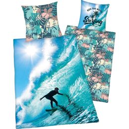 Herding's Young Collection Wendebettw&auml;sche &raquo;Surfer&laquo; mit tollem Surfer-Motiv bunt Renforc&eacute;, Obermaterial: 100% Baumwolle B/L: 135cm x 200cm, 1 Stk., 1 Stk., Renforc&eacute;, B/L: 80cm x