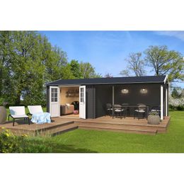 Lasita Maja Gartenhaus &raquo;Amarillo&laquo; Blockbohlenhaus 28mm mit Anbau grau Massivholz ohne Fu&szlig;boden, R&uuml;ckwand, ohne Dacheindeckung