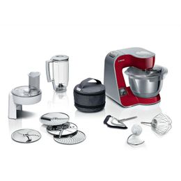 Bosch K&uuml;chenmaschine &raquo;Serie 4 MUM5X720, integr. Waage, Durchlaufschnitzler, Mixer, rot&laquo; 3 Scheiben, Sch&uuml;ssel, Knethaken/R&uuml;hr-/Schlagbesen, 