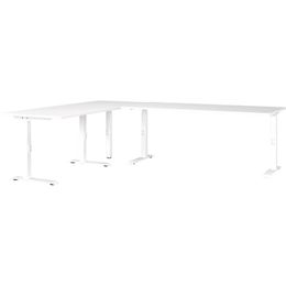 Germania Schreibtisch &raquo;Mailand&laquo; Mechanisch h&ouml;heneinstellbarer Winkelschreibtisch mit einem St&uuml;tzfu&szlig; wei&szlig; B/H/T: 240cm x 91cm x 220cm