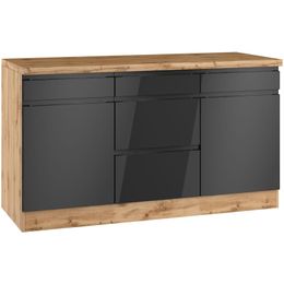 KOCHSTATION Unterschrank &raquo;KS-Virginia,neu in verbesserter Ausf&uuml;hrung&laquo; Breite 150 cm, 2 T&uuml;ren, 3 Schubk&auml;sten, 2 Ausz&uuml;ge schwarz MDF Wotaneiche, B/H/T: 