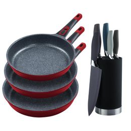 King Pfannen-Set &raquo;&raquo;Moonscape 3er&laquo;, inkl. Messer-Set&laquo; Aluminiumguss Set, 3 Pfannen, 5 K&uuml;chenmesser, 1 Messerblock, 9 Stk. tlg. Induktion, abnehmbarer 