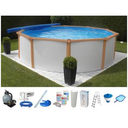 KWAD Rundpool &raquo;White Timber inkl. Sicherheitsleiter und umfangreichem Zubeh&ouml;r&laquo; 10-tlg., H&ouml;he: 1,32m, inkl. Wasserpflege-Set wei&szlig; &Oslash;/B/H/L: 550cm x 