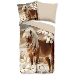 PURE luxury collection Kinderbettw&auml;sche &raquo;Fabi&laquo; 2 Stk. Mikrofaser, 135x200, 2 Teilig, Wendeoptik, Kind, M&auml;dchen, Pferd, Blume beige Microfaser, 