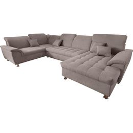 DOMO collection Wohnlandschaft &raquo;FRANZI optional mit Bettfunktion, Bettkasten & Kopfteilverstellung&laquo; U-Form, Recamiere rechts, taupe, B/T: 352/214 cm 