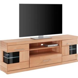 OTTO home Lowboard &raquo;Ribe,160cm breit,55cm hoch,Oberplatte massiv&laquo; Korpus Holzwerkstoff,Glaseinsatz aus geh&auml;rtetem Glas,B&ouml;den versetzbar beige Holz 