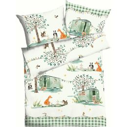 Kaeppel Kinderbettw&auml;sche &raquo;Picknick&laquo; 2 Stk. Mit Tieren gr&uuml;n Renforc&eacute;, Obermaterial: 100% Baumwolle B/L: 135cm x 200cm, 1 Stk., 1 Stk., Renforc&eacute;, B/L: 80cm x 