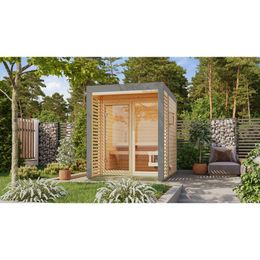 Karibu Saunahaus &raquo;"Adrian 1" naturbelassen-graualuminium&laquo; Nordischer Fichte,Stahlecken- und Dachabschluss, Ofen 9kW externe Strg beige ohne Ofen, ohne 
