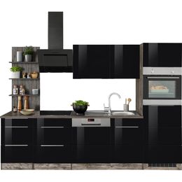 KOCHSTATION K&uuml;chenzeile &raquo;KS-Brindisi Breite 280 cm&laquo; wahlweise mit E-Ger&auml;ten und Induktion, mit MDF-Fronten und Regal schwarz B/H/T: 280cm x 200cm x 