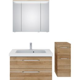 Badm&ouml;bel-Set &raquo;Balto Sprint 3-teilig, Mineralmarmor-Waschtisch mit LED-Spiegelschrank&laquo; 4 Stk. tlg. braun Holzwerkstoff B/H/T: 122cmcm x 200cmcm x 