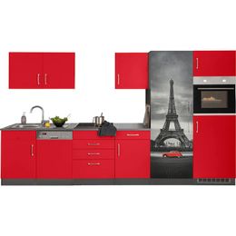 KOCHSTATION K&uuml;chenzeile &raquo;KS-Paris &ndash; K&uuml;chen mit einzigartigen Fotomotiven auf den Fronten&laquo; Breite 340 cm, wahlweise mit E-Ger&auml;ten und Induktion rot B/H